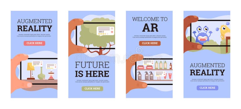 Augmented Reality Web Banners Set, People Using Smartphones with ...