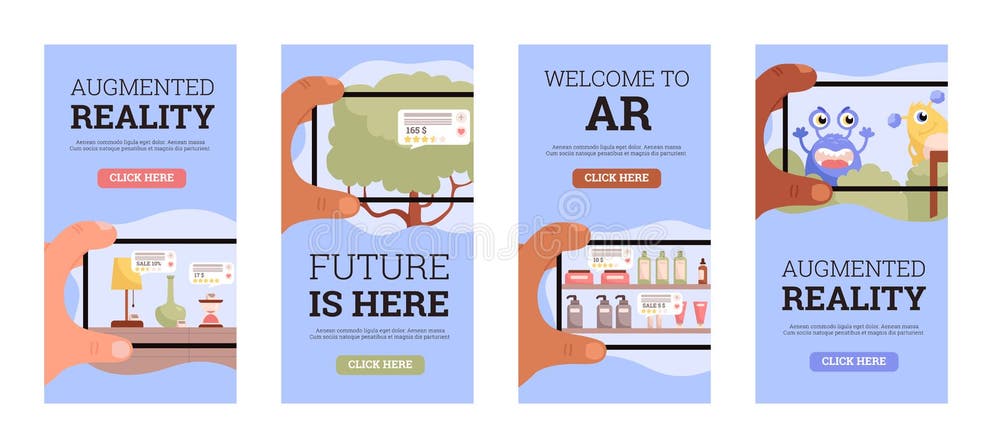 Augmented Reality Web Banners Set, People Using Smartphones with ...