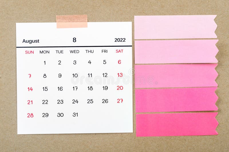 August 2022 Calendar with Blank Adhesive Note Paper on Brown Background ...