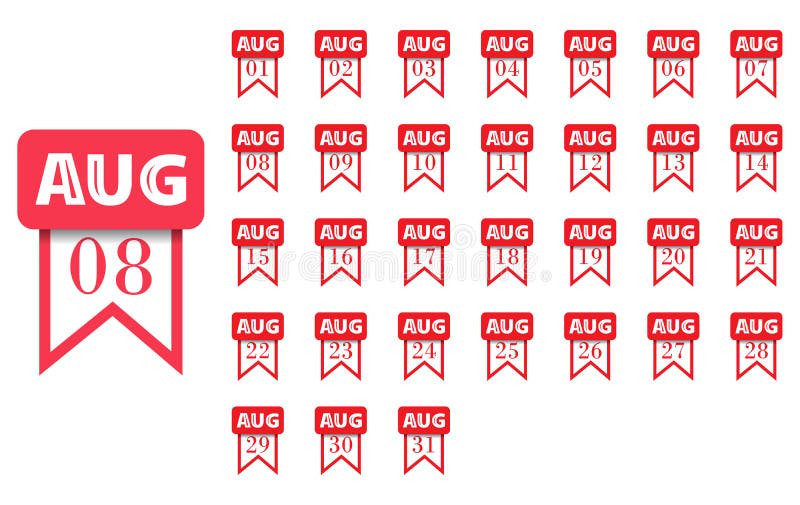 August. Calendar Icon for Every Day of Month. Flat Style. Vector ...