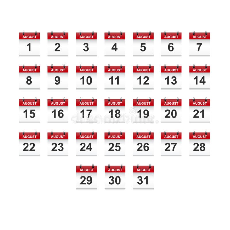 August Calendar 1-31 Illustration Vector Art Stock Illustration ...