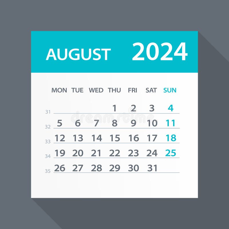August 2024 Calendar Leaf - Vector Illustration. Week Starts on Monday ...