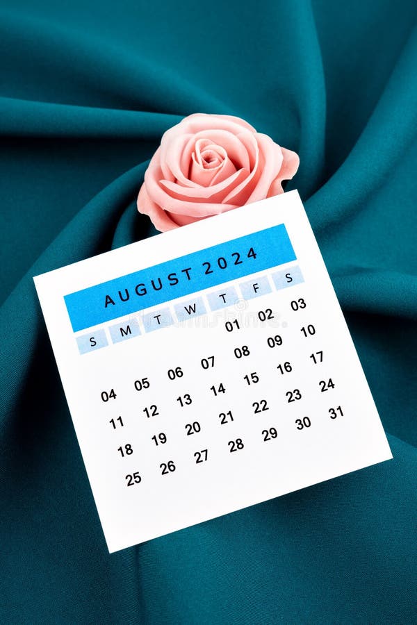 August 2024 Calendar Page and Pink Rose on Green Textile Stock Photo ...