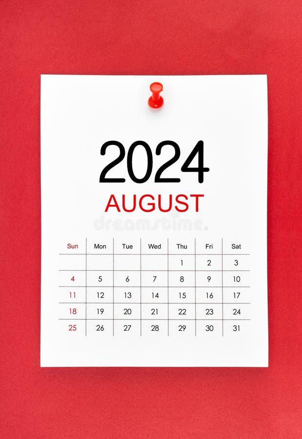 August 2024 Calendar Page Push Pin Red Background Stock Photos - Free ...