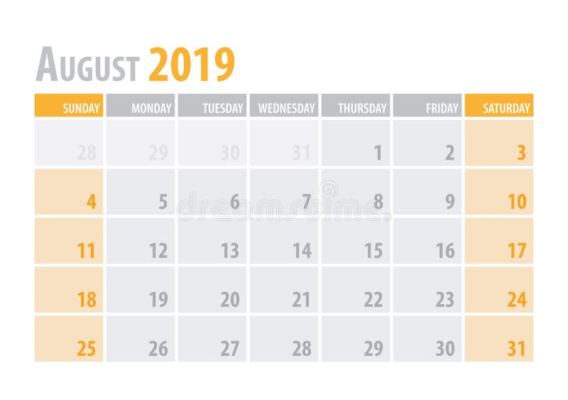 August. Calendar Planner 2019 in Clean Minimal Table Simple Style ...