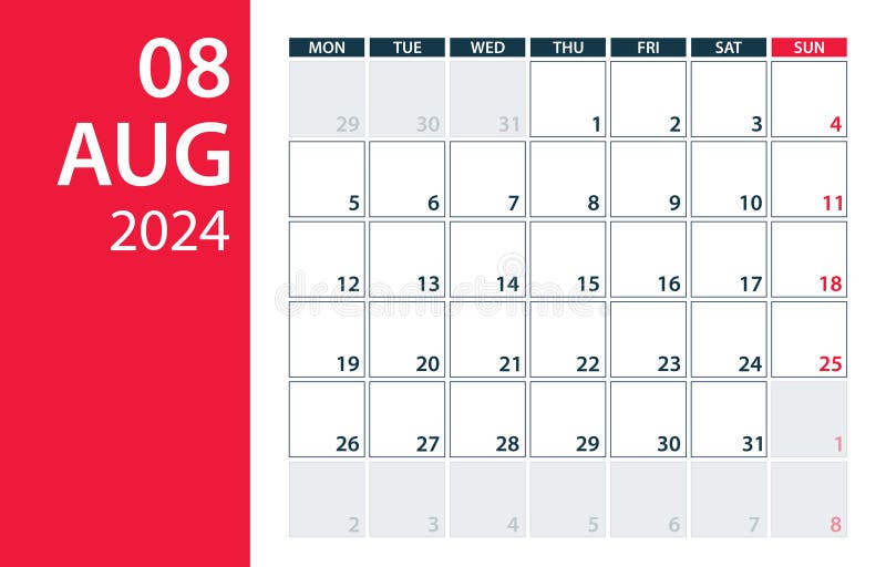 August 2024 Calendar Planner - Vector Illustration. Template. Mock Up ...