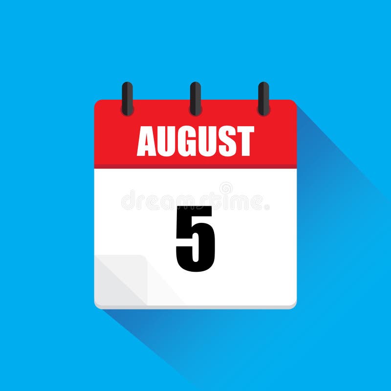 August 5 Calendar. Red and White Page. Flat Vector Icon. Blue ...