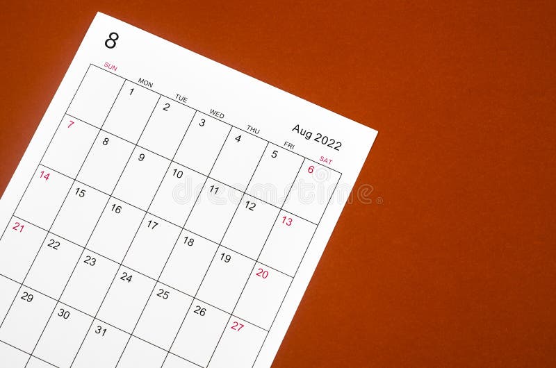 August 2022 Calendar Sheet on Red Background Stock Image - Image of ...