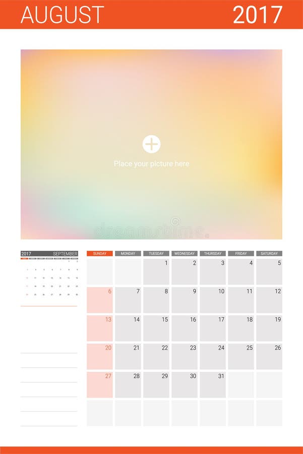 August 2017 Calendar with Space for Picture Stock Vector - Illustration ...
