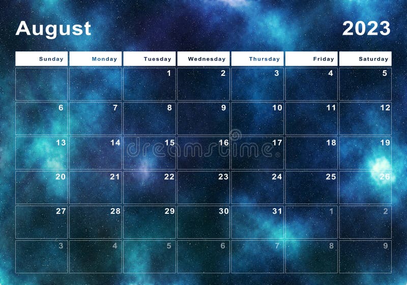 August 2023 Calendar, Week Start Sunday Stock Image - Image of flat ...