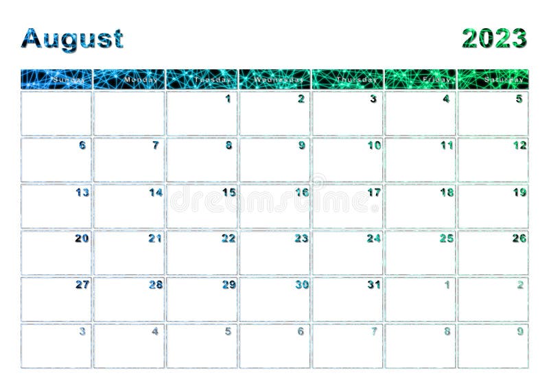 August 2023 Calendar, Week Start Sunday Stock Photo - Image of layout ...