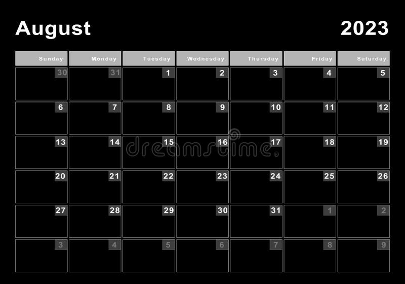 August 2023 Calendar, Week Start Sunday Stock Illustration ...