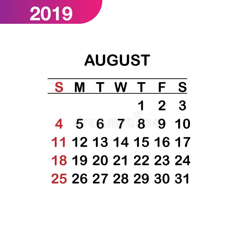 August Calendar 2019, Week Starts from Sunday, Business Template Stock ...