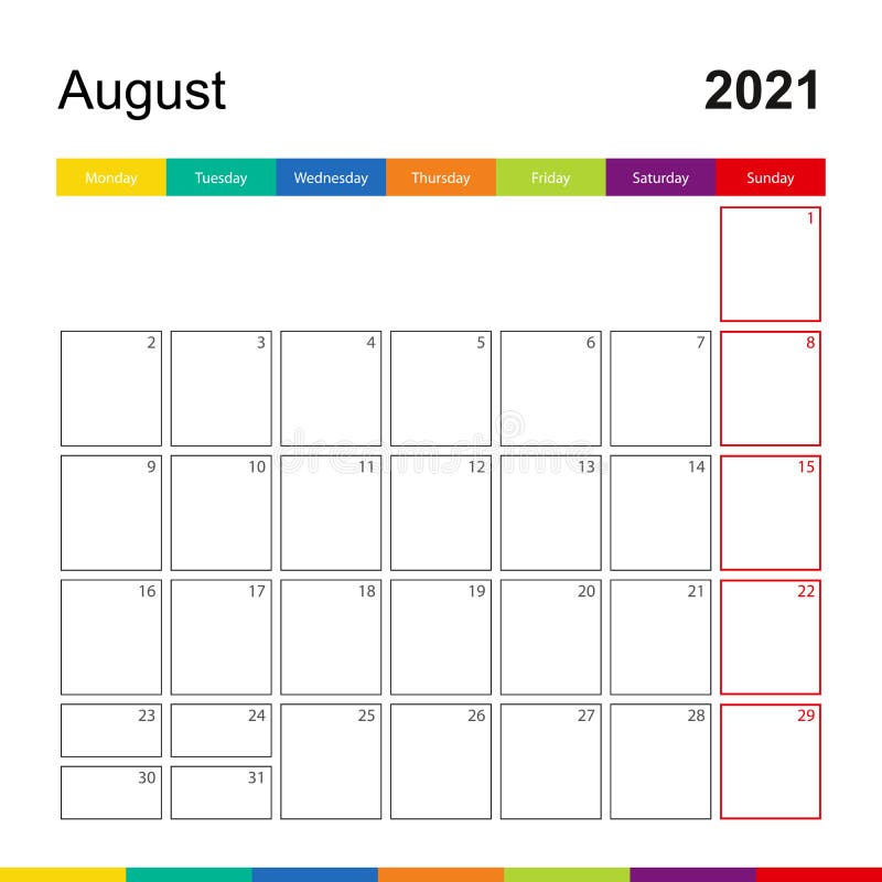 August 2021 Colorful Wall Calendar, Week Starts on Monday Stock Vector ...
