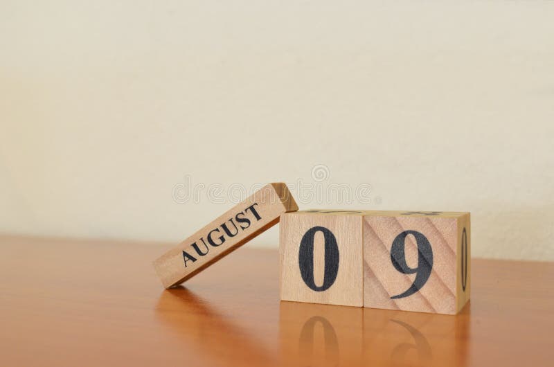 August 09, Date Design with Calendar Cube on Wooden Table Background ...