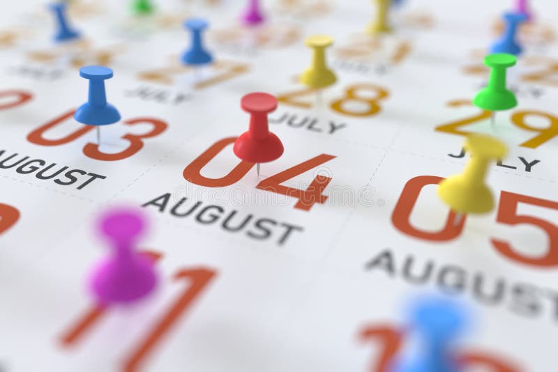 August 4 Date and Push Pin on a Calendar, 3D Rendering Stock ...