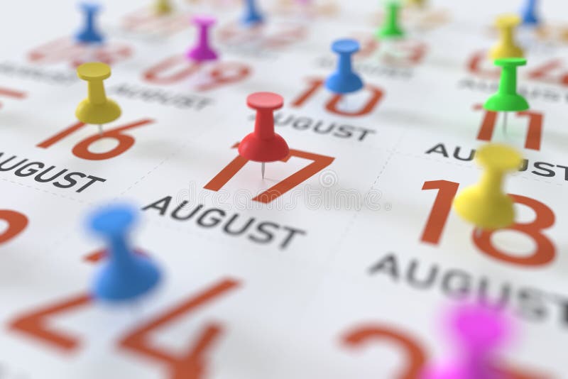 August 17 Date and Push Pin on a Calendar, 3D Rendering Stock ...