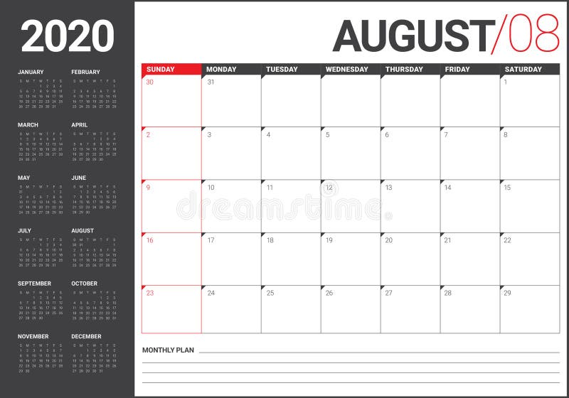 August 2020 Monthly Calendar Vector Illustration Stock Vector ...