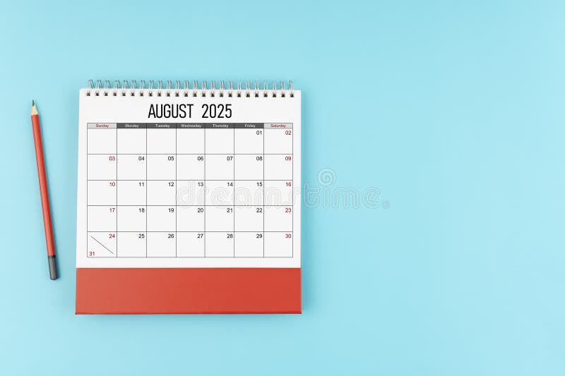 August Desk Calendar for 2025 Year with Pencil on Blue Background ...