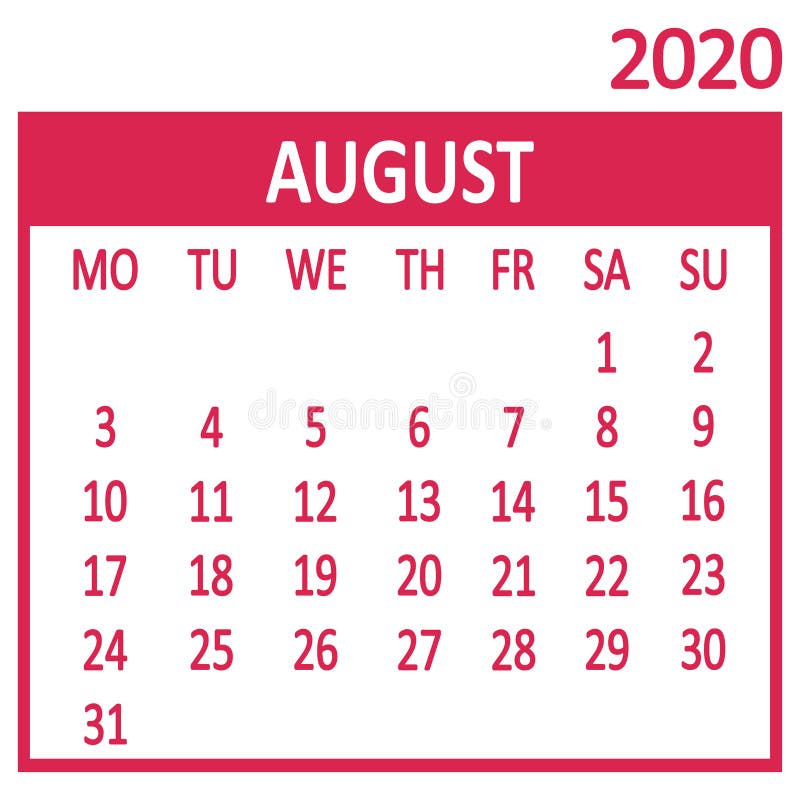 August. Eighth Page of Set. Calendar 2020, Template. Week Starts from ...