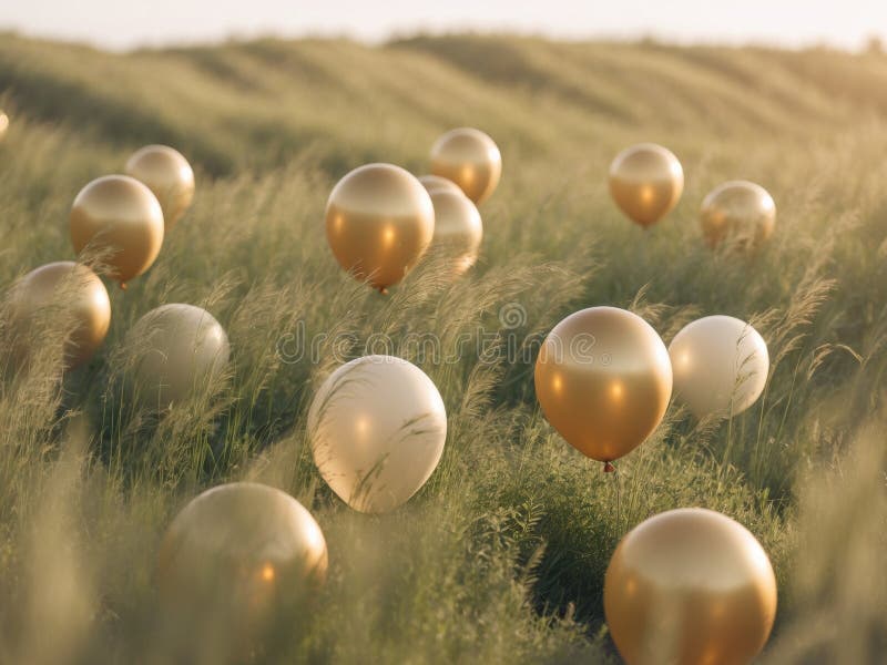 August Gold Foil Balloons in Sunny Summer Field. Stock Photo - Image of ...