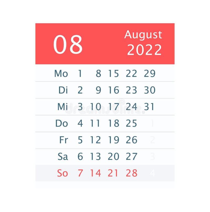 2022 August Month Calendar. Germany Version Stock Vector - Illustration ...
