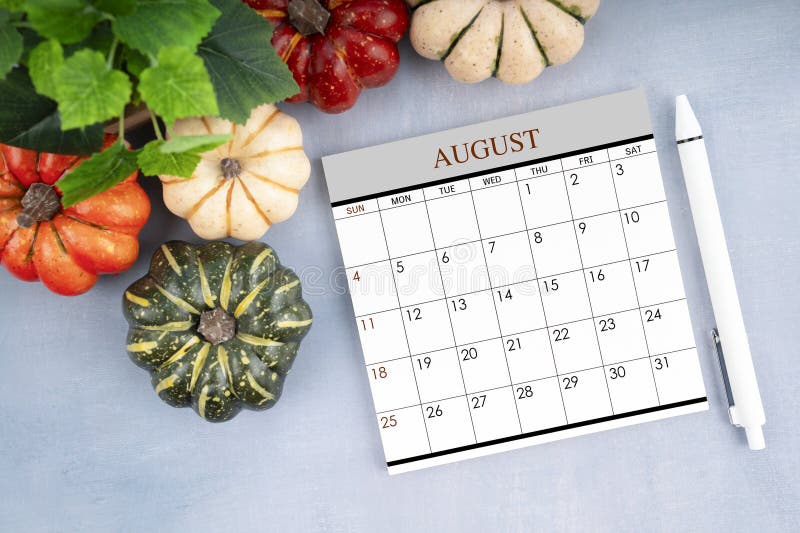 2024 August Monthly Calendar Page and Pen with a Pumpkin Stock Image ...