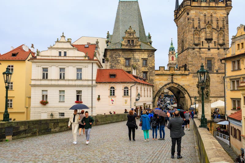 August 24, 2022 Prague, Czech Republic. Pedestrian Charles Bridge ...