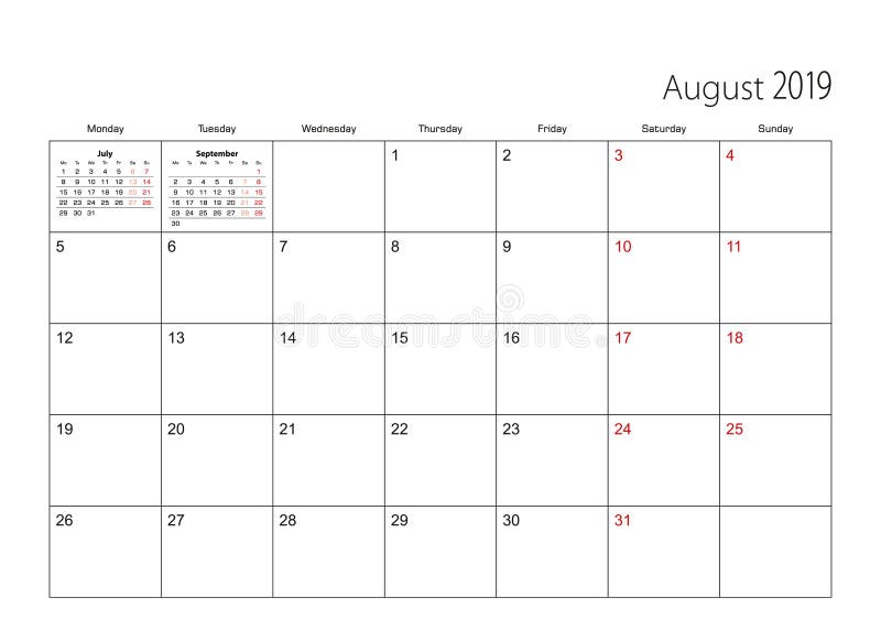 August 2019 Simple Calendar Planner, Week Starts from Monday Stock ...