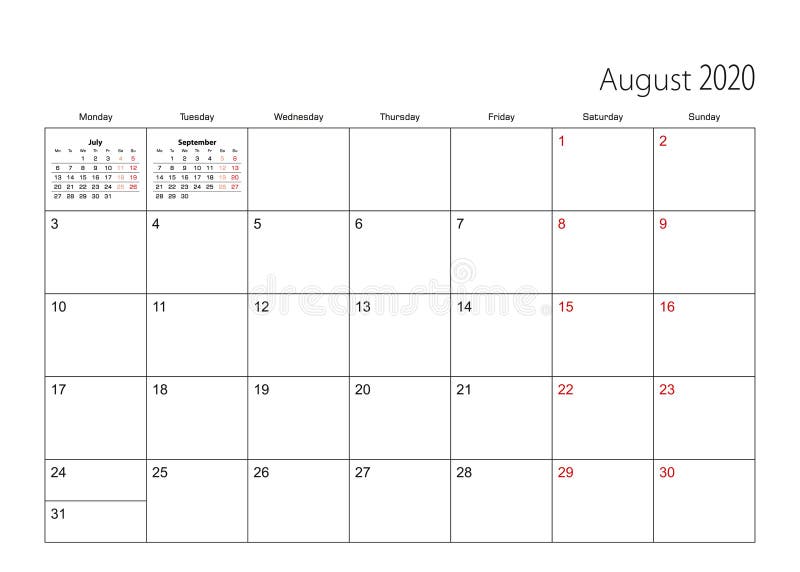 August 2020 Simple Calendar Planner, Week Starts from Monday Stock ...