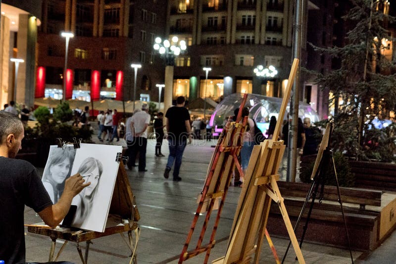 Yerevan: Street Life by Night Editorial Stock Photo - Image of painter ...
