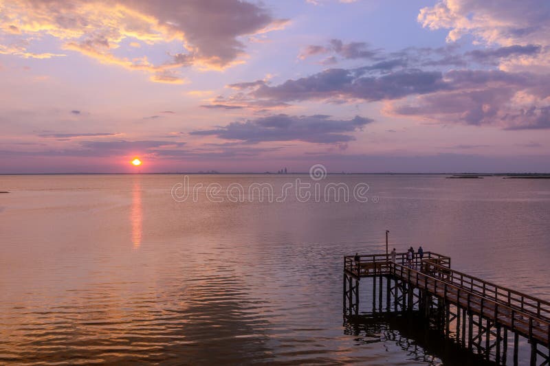 August Sunset at Mobile Bay, Alabama Stock Image - Image of dock ...