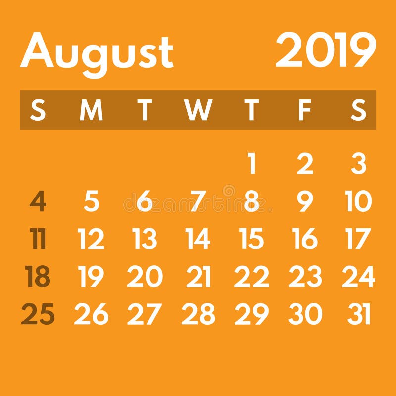 August 2019 Vector Calendar Grid Stock Vector - Illustration of simple ...