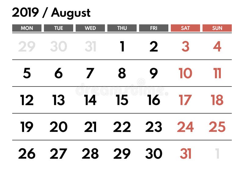 August 2019 Vector Office Planner Stock Vector - Illustration of month ...