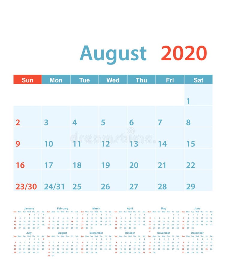 August 2020 wall calendar stock vector. Illustration of grid - 171155908