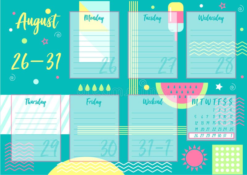 August 2019 Weekly planner stock vector. Illustration of poster - 121190140