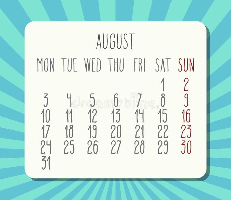 August Year 2020 Monthly Bright Rays of Light Calendar Stock Vector ...