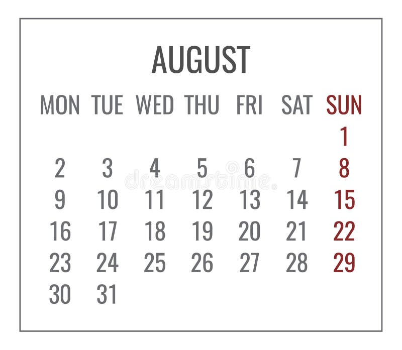 August Year 2021 Monthly Minimalist White Calendar Stock Vector ...