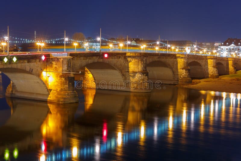 Augustus Bridge, Elba at Night, Dresden, Germany Stock Image - Image of ...