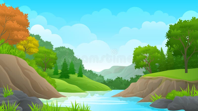 River between Hills and Forests with Cliffs of Dirt and Rocks Vector ...