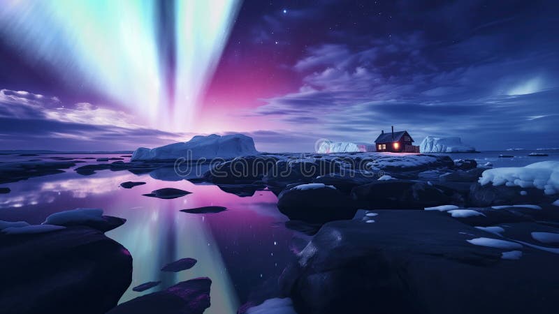 North Pole Aurora Reflections and a Cabin AI Generated Stock Footage ...