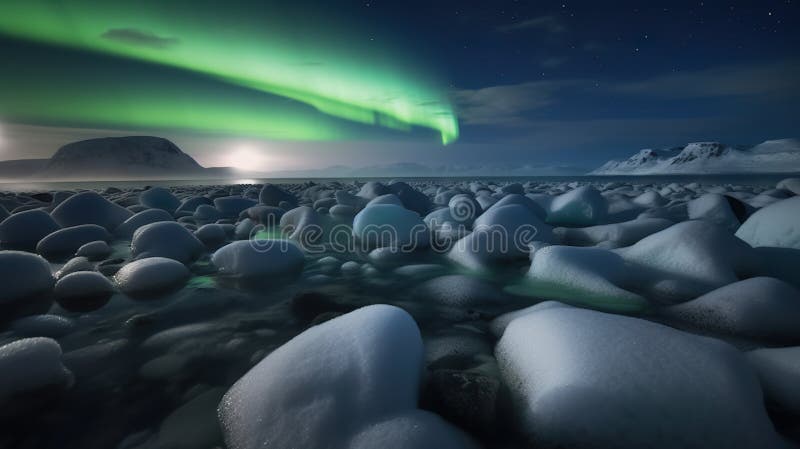 The Aurora Bore Lights Up the Sky Over a Rocky Beach. Generative AI ...