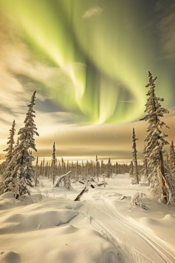 The Aurora Bore Lights Up the Sky Over a Snowy Landscape, AI Stock ...