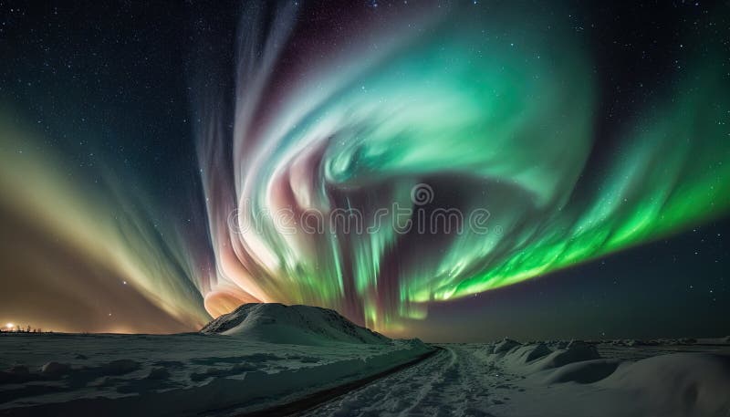 The Aurora Bore in the Night Sky Over a Snow Covered Mountain. Stock ...