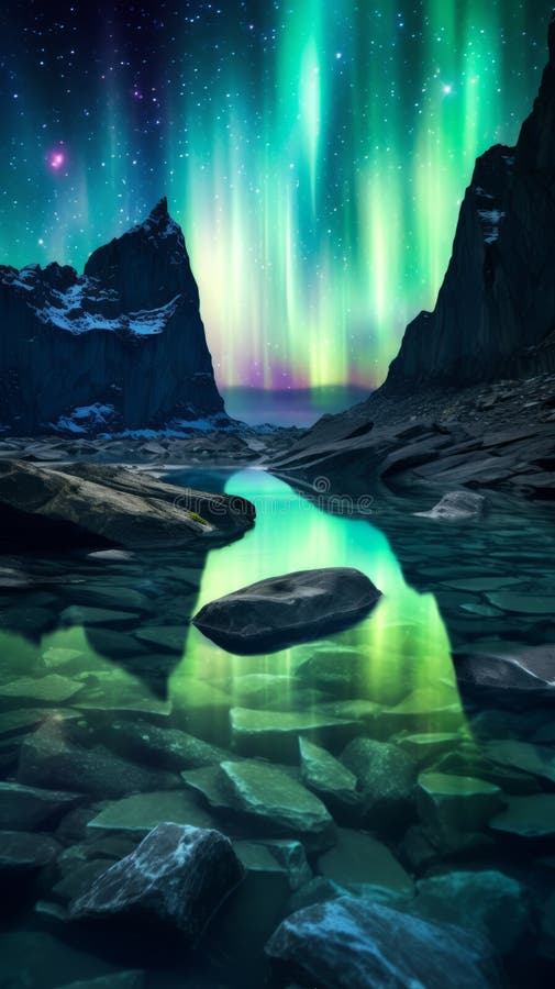 The Northern Lights Reflected in a Calm Body of Water Stock ...