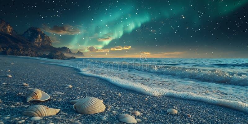 Aurora Borealis Beach Night Sky Stars Ocean Stock Illustration ...