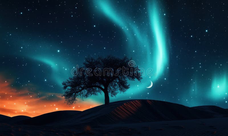 Aurora Borealis Over Desert Dunes with Tree, Night Sky, Stars, Crescent ...