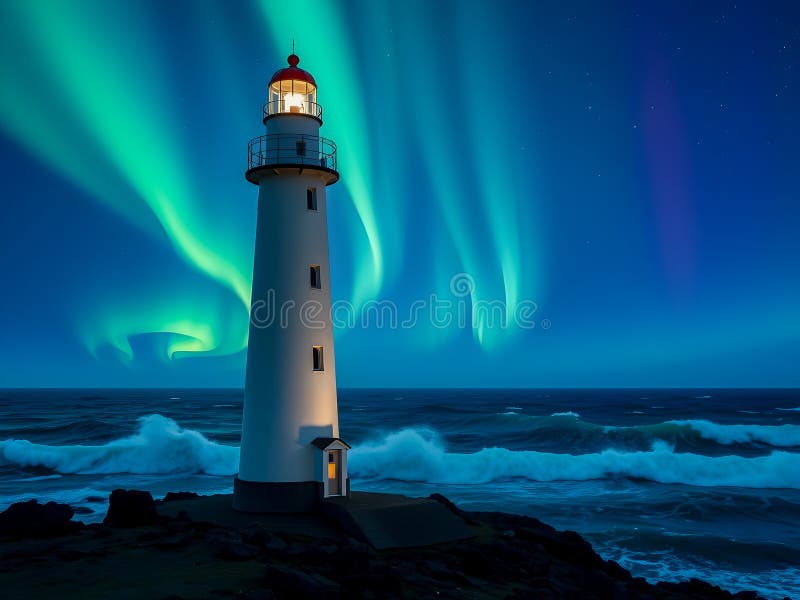 Aurora Borealis Over a Lighthouse Stock Illustration - Illustration of ...