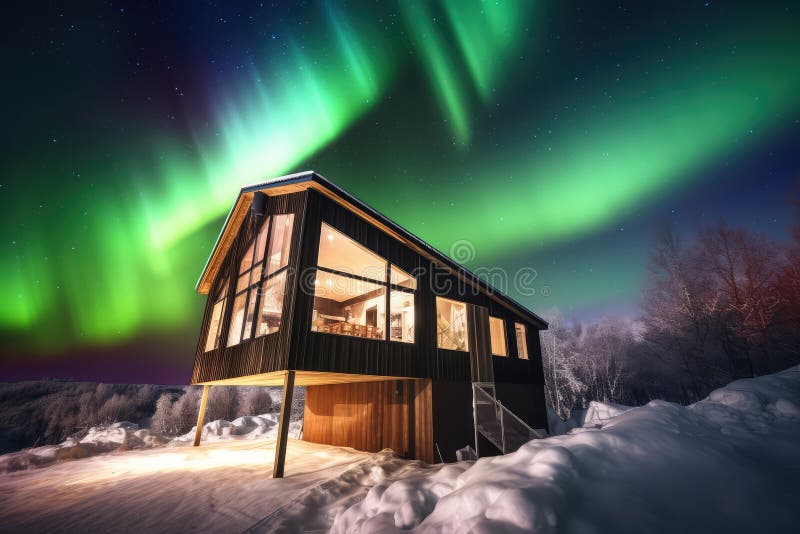 Aurora Borealis Over the Modern Chale Stock Illustration - Illustration ...