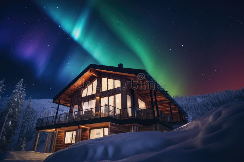 Aurora Borealis Over the Modern Chale, AI Stock Illustration ...
